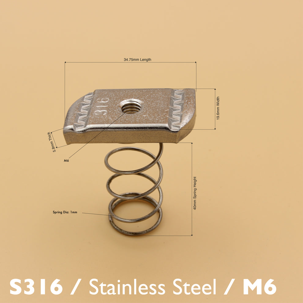 Unistrut Long Spring Nut | 5Qty | S316 Stainless Steel | Heavy Duty ...